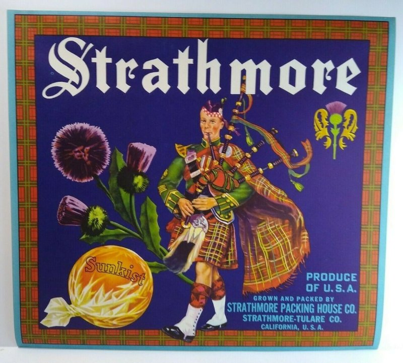 Strathmore Scottish Bagpipe Kilt Man Sunkist Orange Label Vintage ...