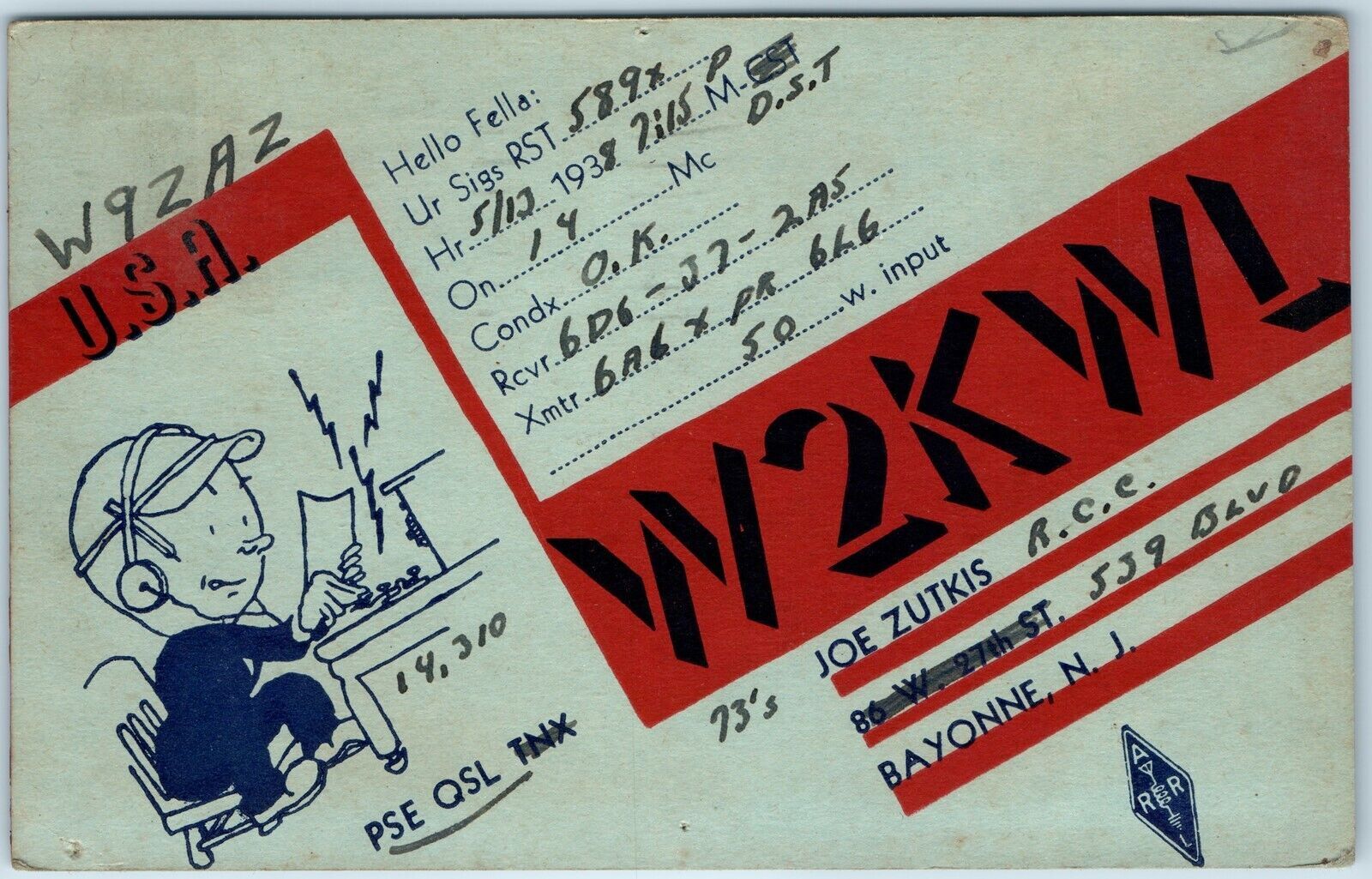 1934 Bayonne, NJ W2KWL QSL Ham Radio Card Joe Zutkis ARRL Cartoon ...