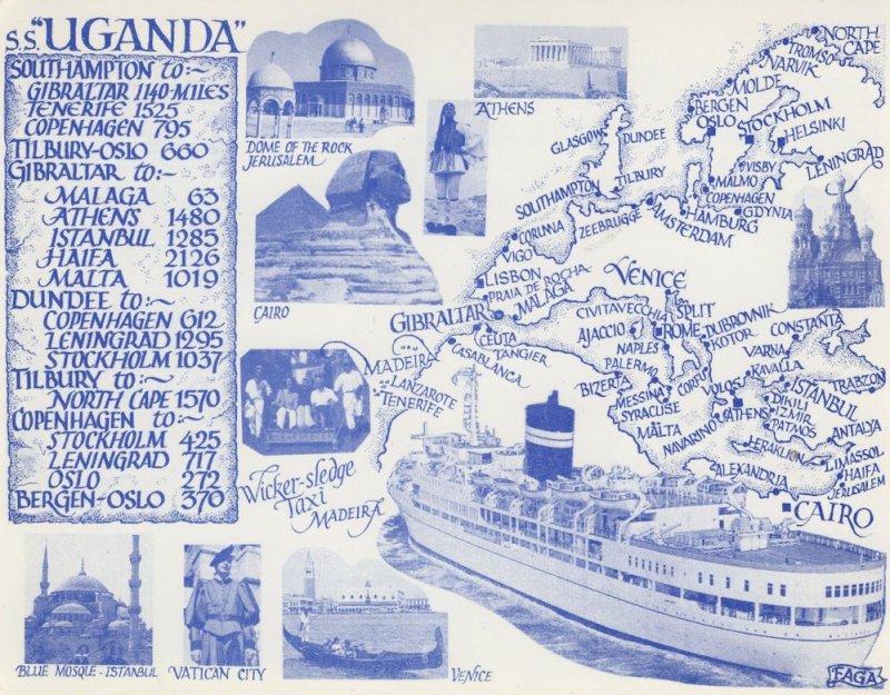 SS Uganda Voyage Map Ship Southampton To Gibraltar Postcard | Topics ...