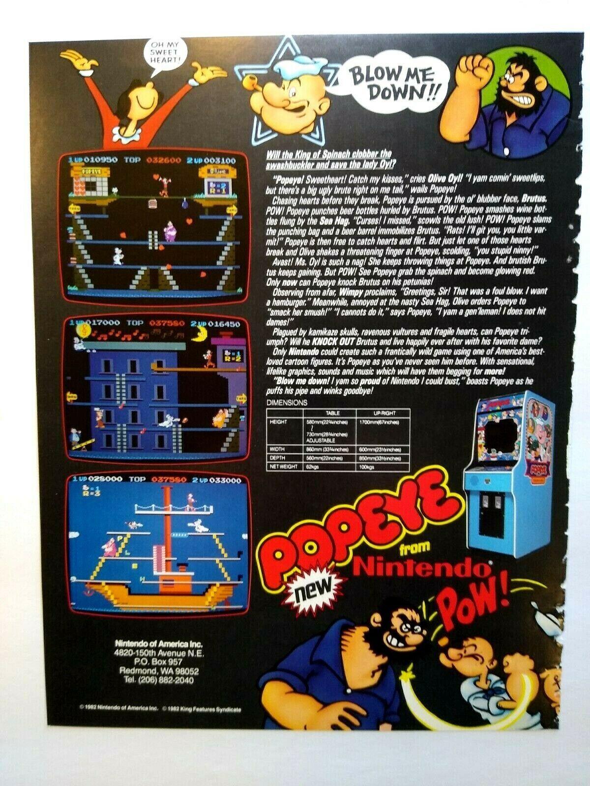 Popeye Arcade FLYER Original Video Game Artwork Sheet Retro 1982 Comic ...