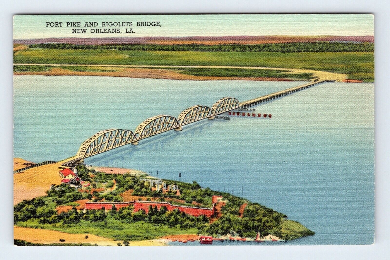 Fort Pike and Rigolets Bridge Birds Eye New Orleans LA UNP Linen ...