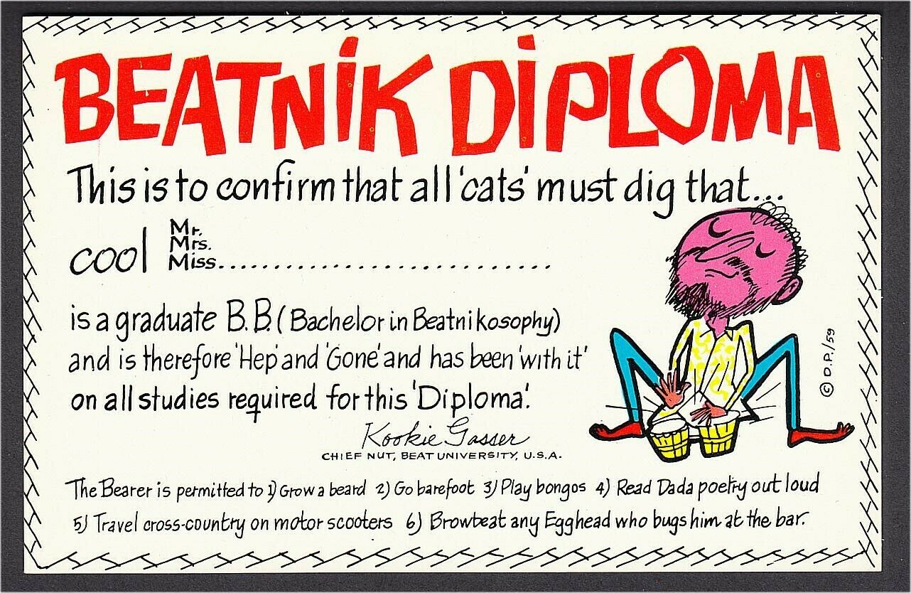 Beatnik Diploma Bongo Drums Comic Certificate Postcard 1950s | Topics ...