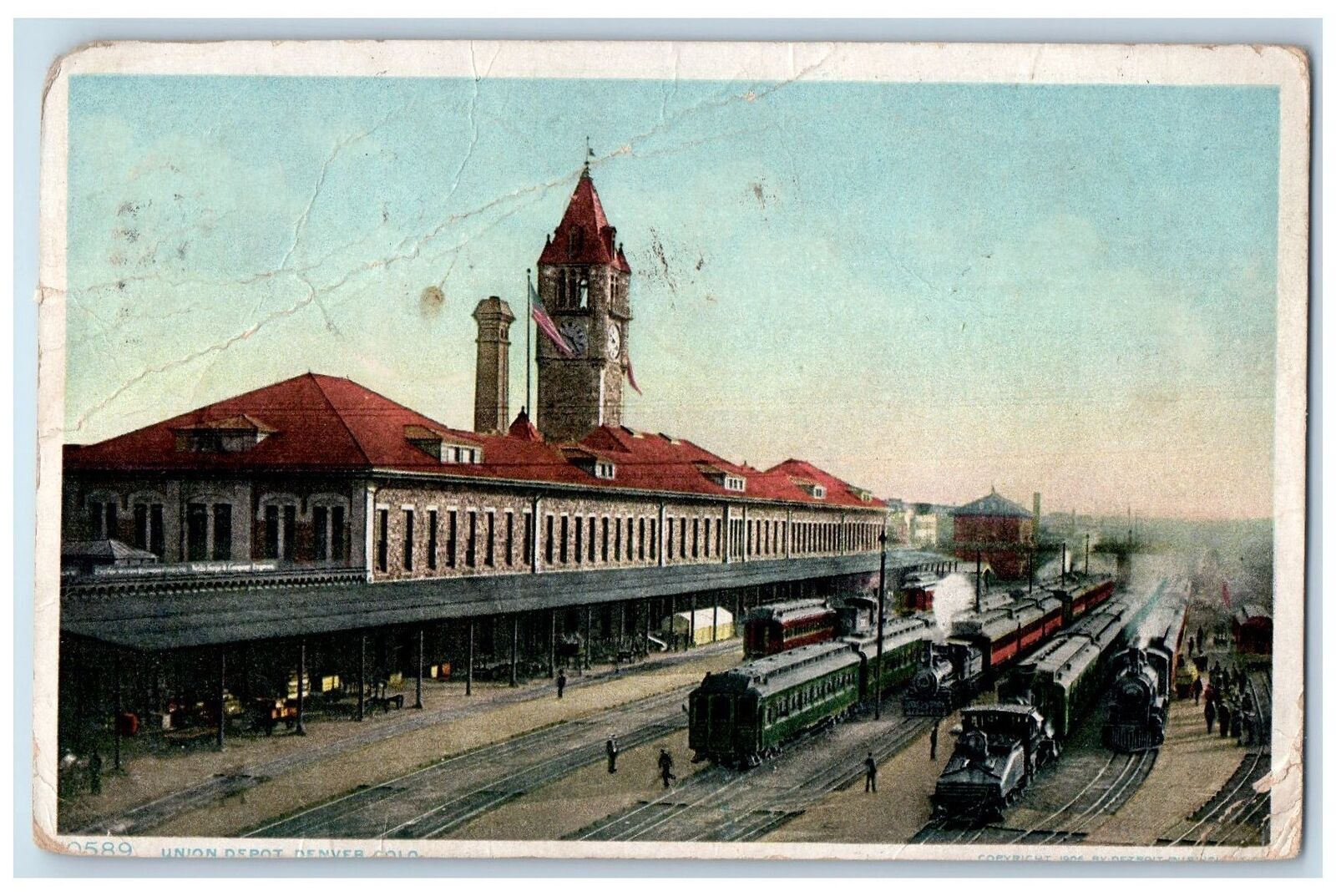 1910 Union Depot View Passengers Tower Clock Flag Denver Colorado CO ...