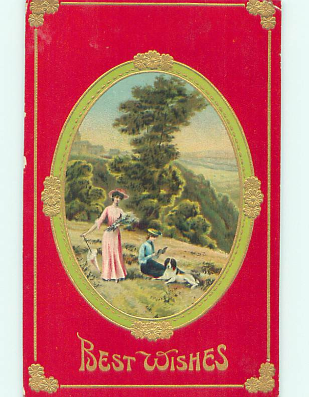 Pre-Linen art nouveau FAITHFUL DOG SITTING BESIDE WOMEN ON A HILLSIDE ...