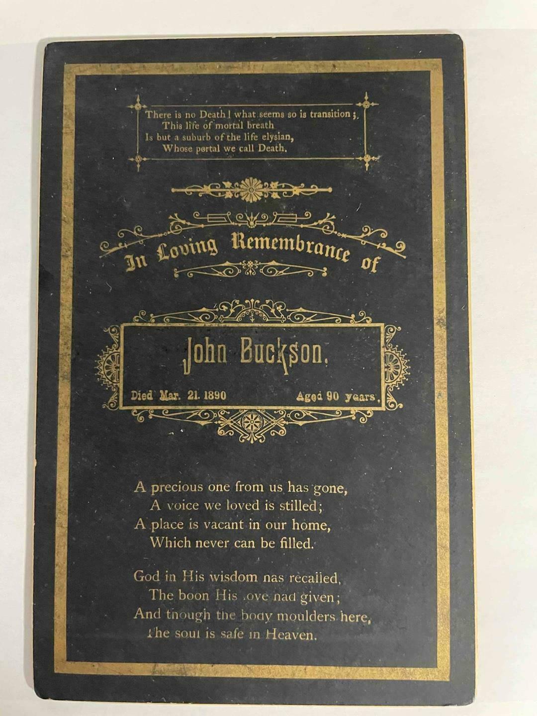 1890 Kent Delaware John Buckson AGE 90 Years Death Funeral Card Black ...
