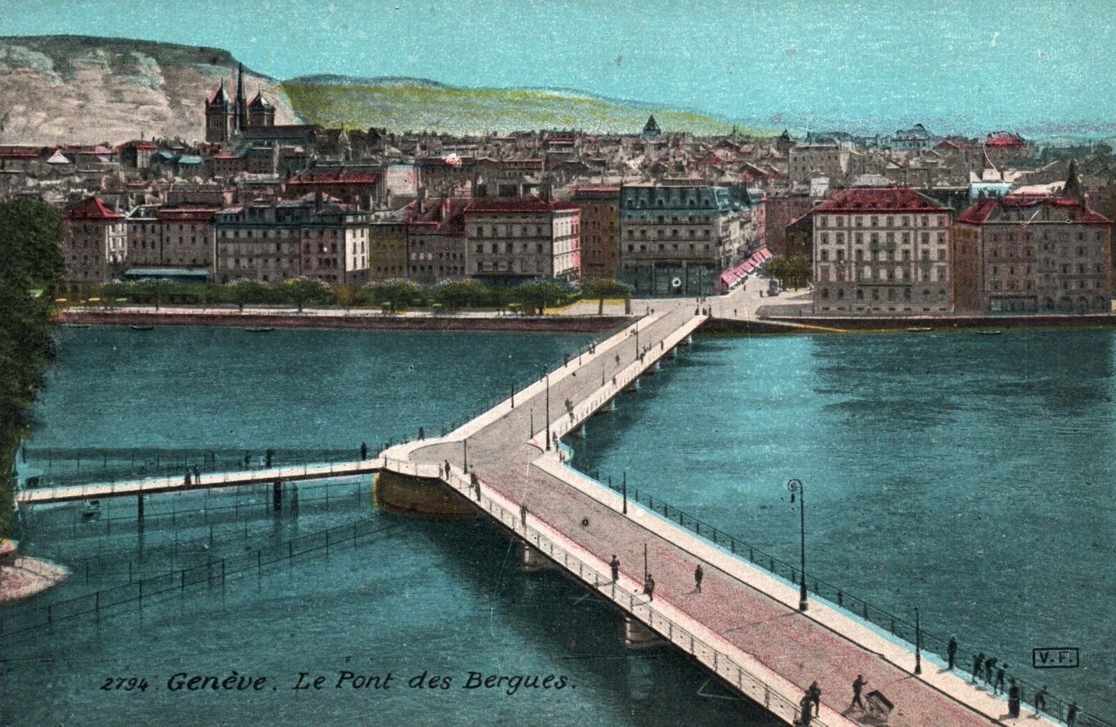 Vintage Postcard the Bergues Bridge Walkway at Geneva Switzerland C ...