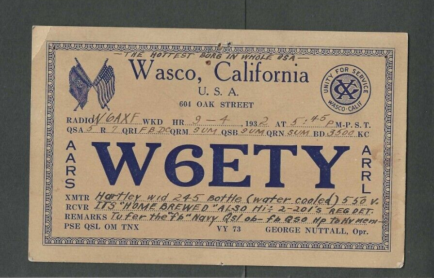 1932 Early Ham Radio (QSL) Card Call Letters W6ETY Wasco Ca | Europe ...