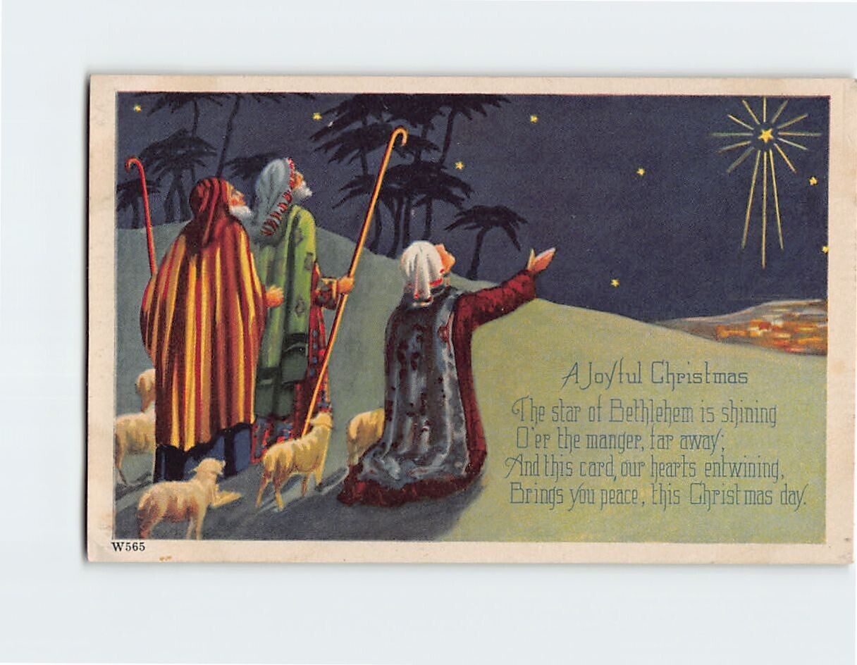 Postcard A Joyful Christmas with Poem and Sheep Three Kings Star Art ...