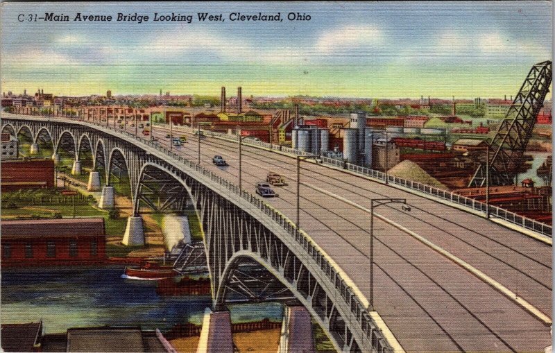 Vtg Cleveland Ohio OH Main Avenue Bridge Looking West 1940s Linen View ...