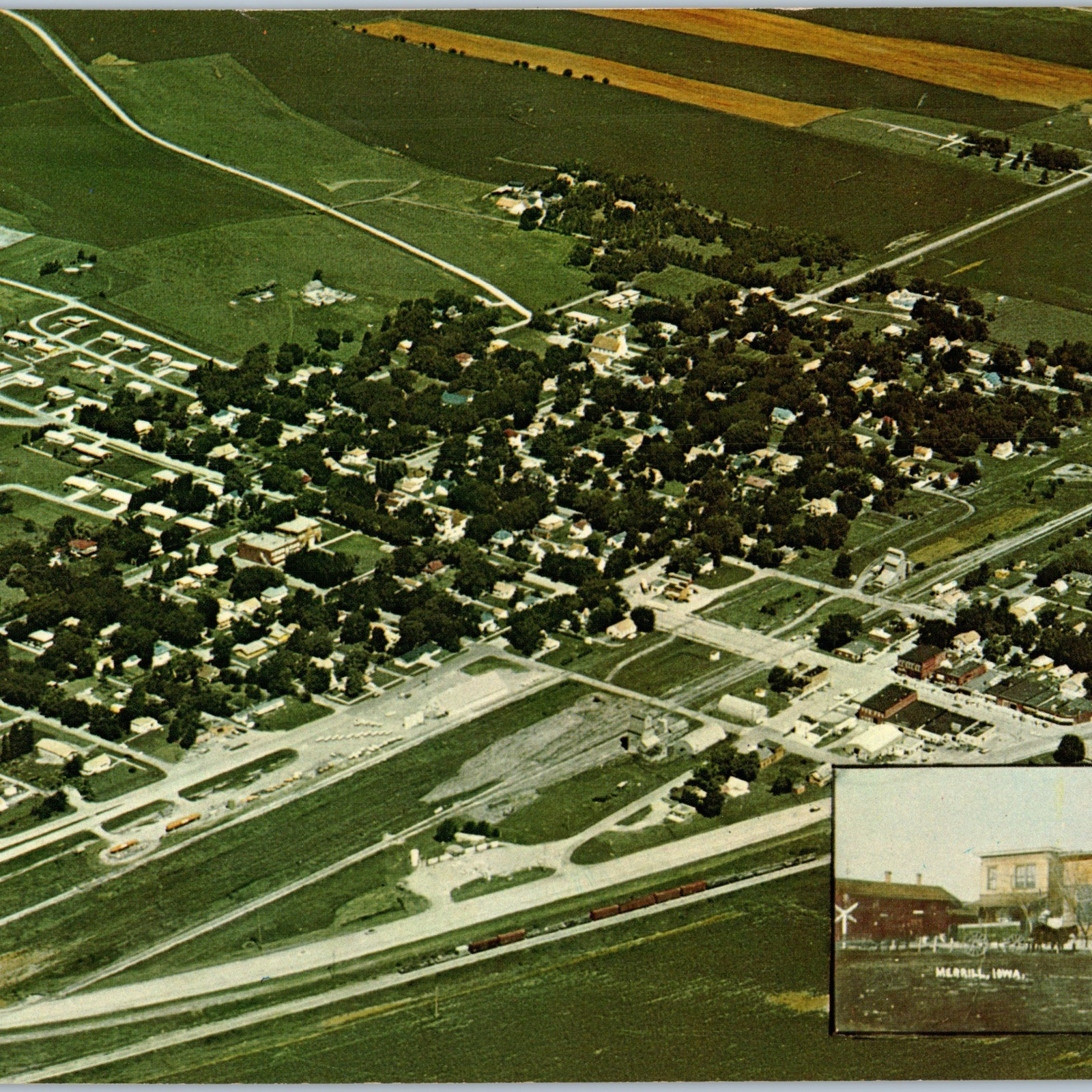 1972 Merrill, IA Birds Eye Town Aerial Downtown Scene Bank Railway ...