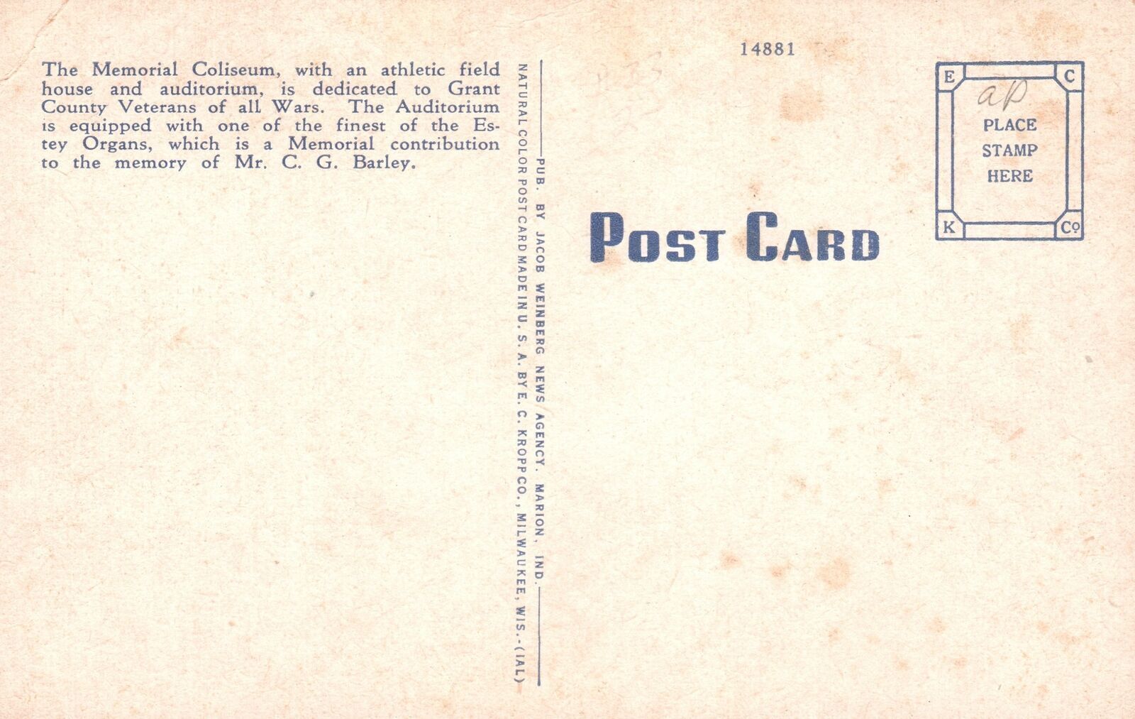 Vintage Postcard 1930's Memorial Coliseum Marion Indiana Ind. | Asia ...