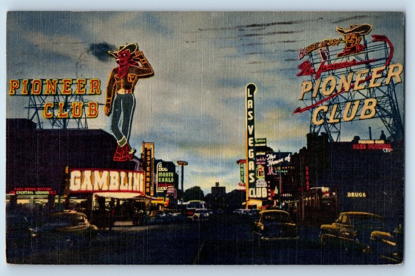 Las Vegas Nevada Postcard Mechanical Neon Sign Howdy Podner Pioneer ...