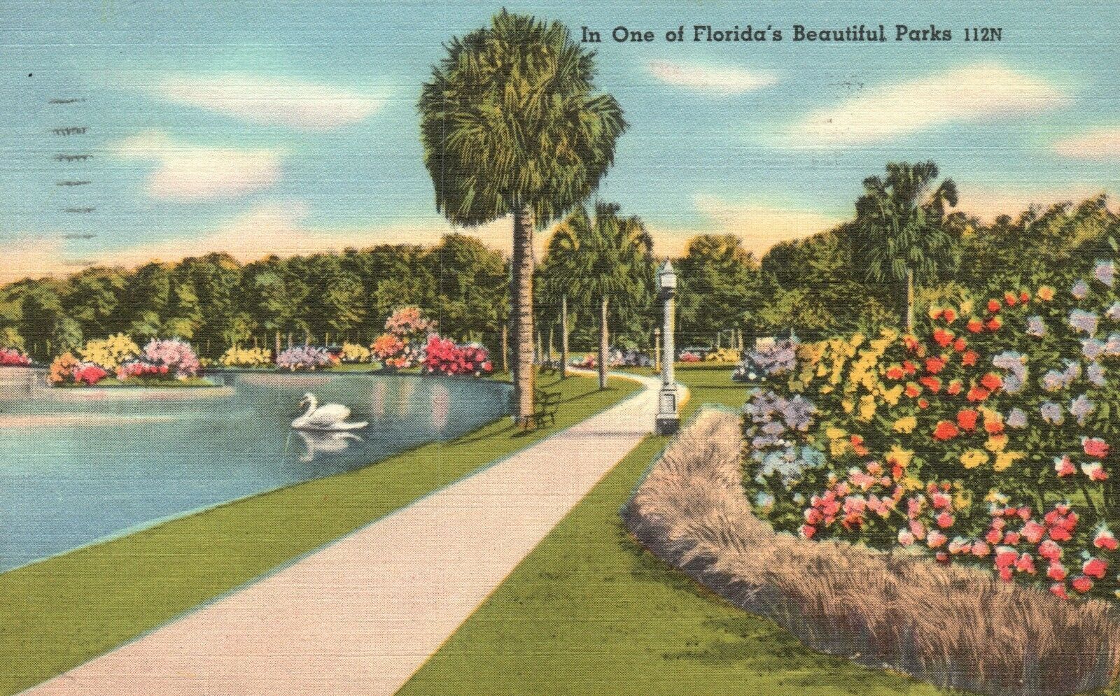 Vintage Postcard 1955 One of Florida's Beautiful Parks Flowers & Swan ...
