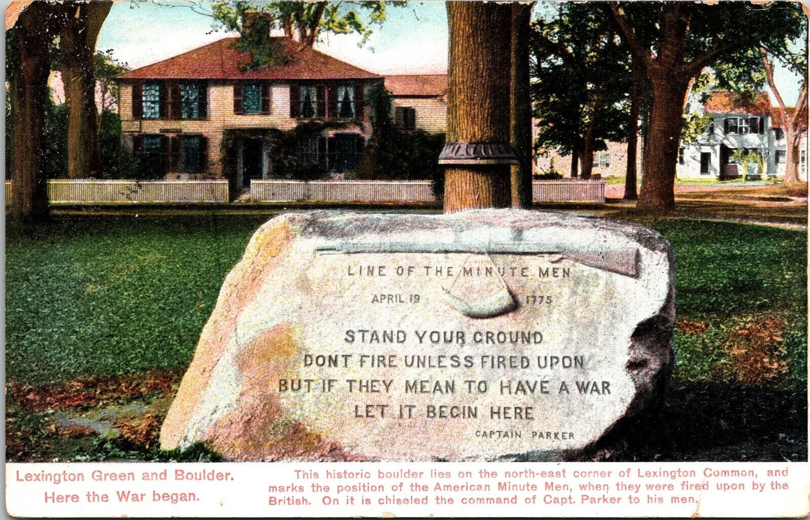 Lexington Green Boulder War Historic Minute Men Common Postcard UNP ...