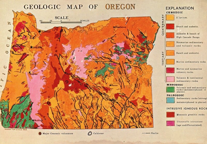 Postcard Geologic Map Of Oregon Explanation Facts Oldest Rocks Volcanic ...