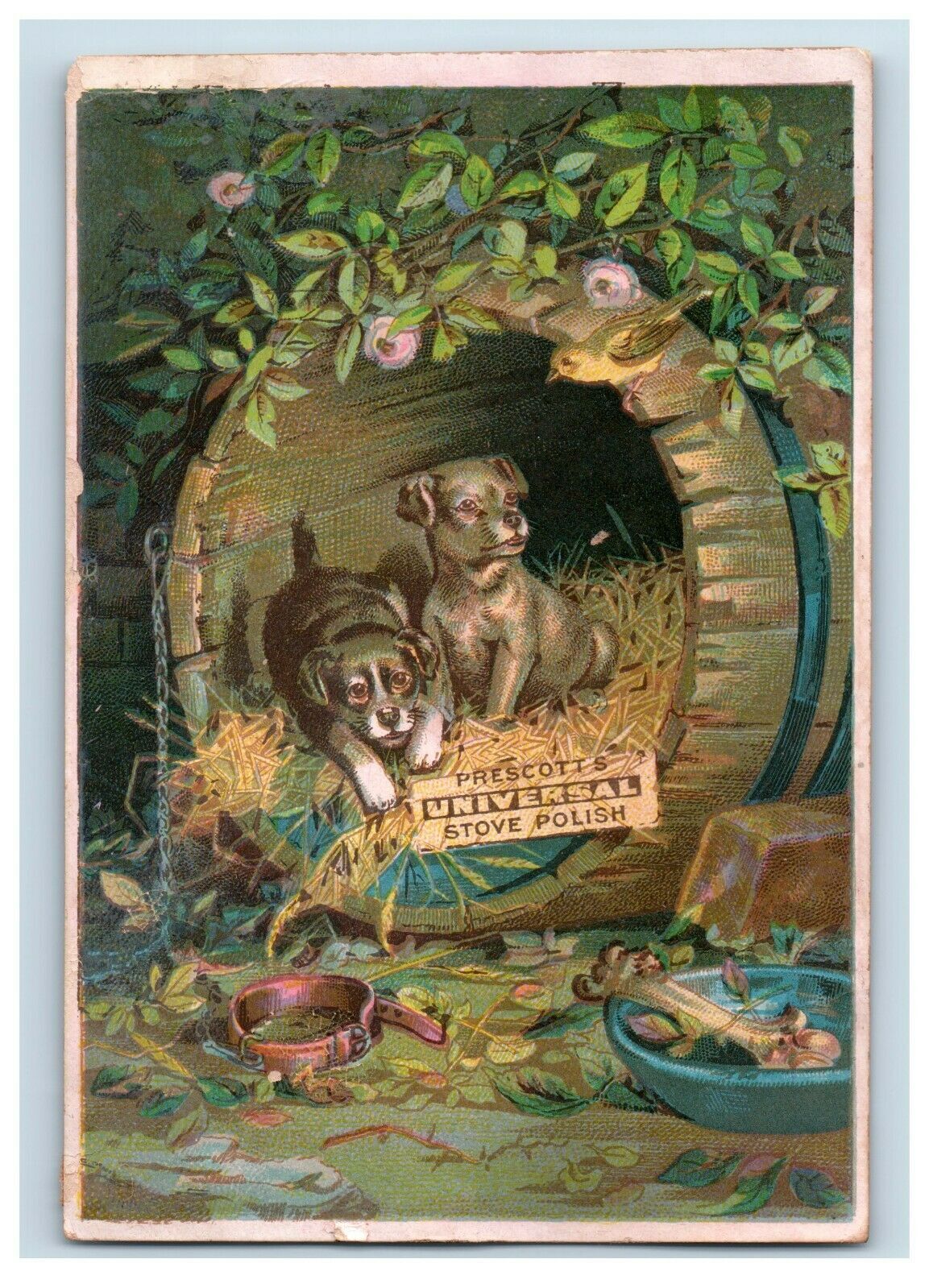 1880s Prescott's Stove Polish Adorable Puppies Dogs In Barrel P224 ...