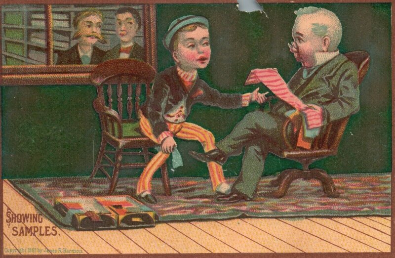 1880s-90s Salesman Pitching Fabric Samples Showing Samples Trade Card ...