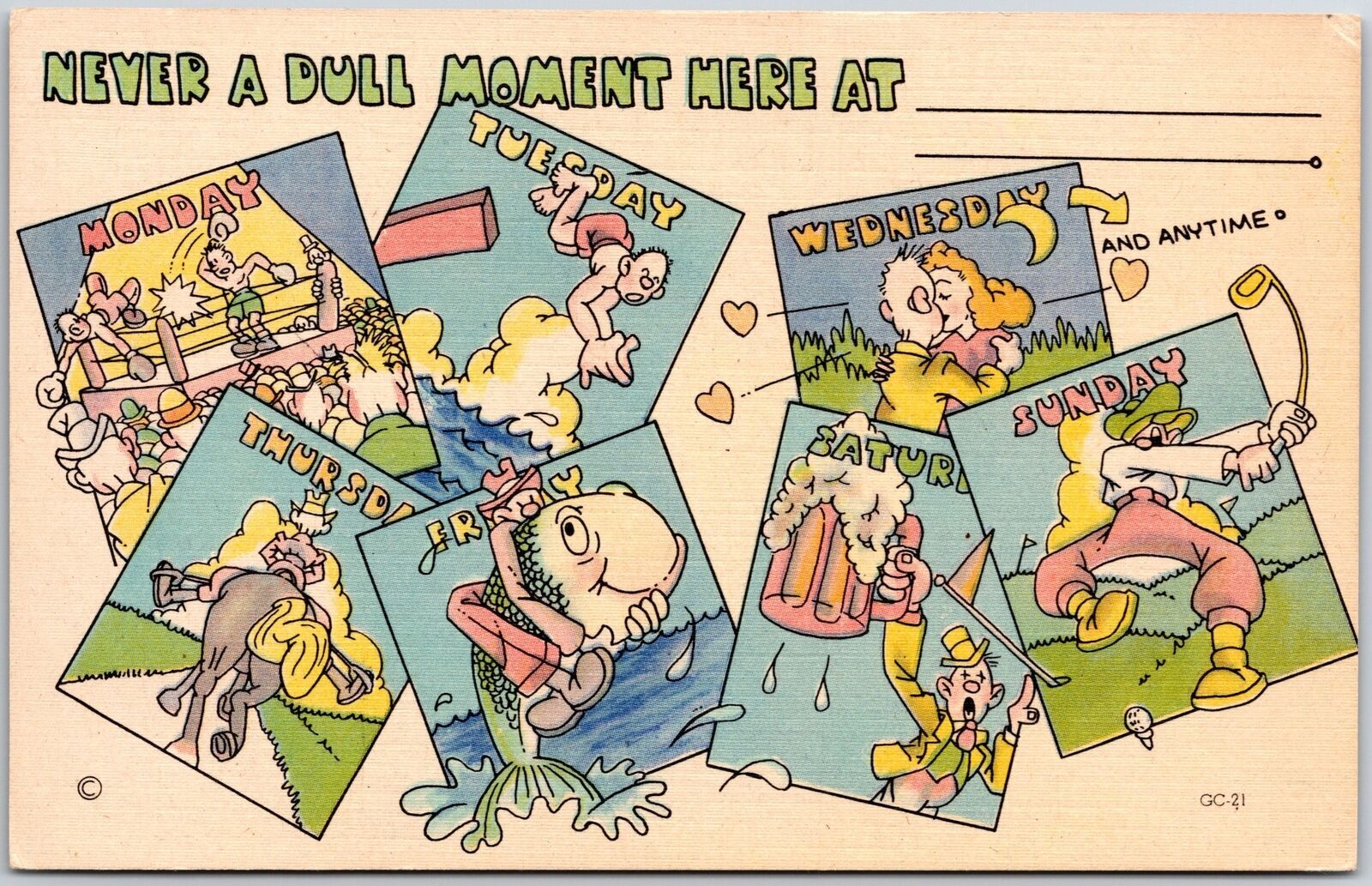 Seven Days In A Week "Never A Dull Moment Here" Vacation Comic Card ...
