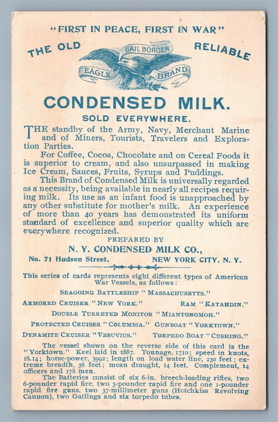 US Gunboat Yorktown Ship Victorian Trade Card Condensed Milk New York ...