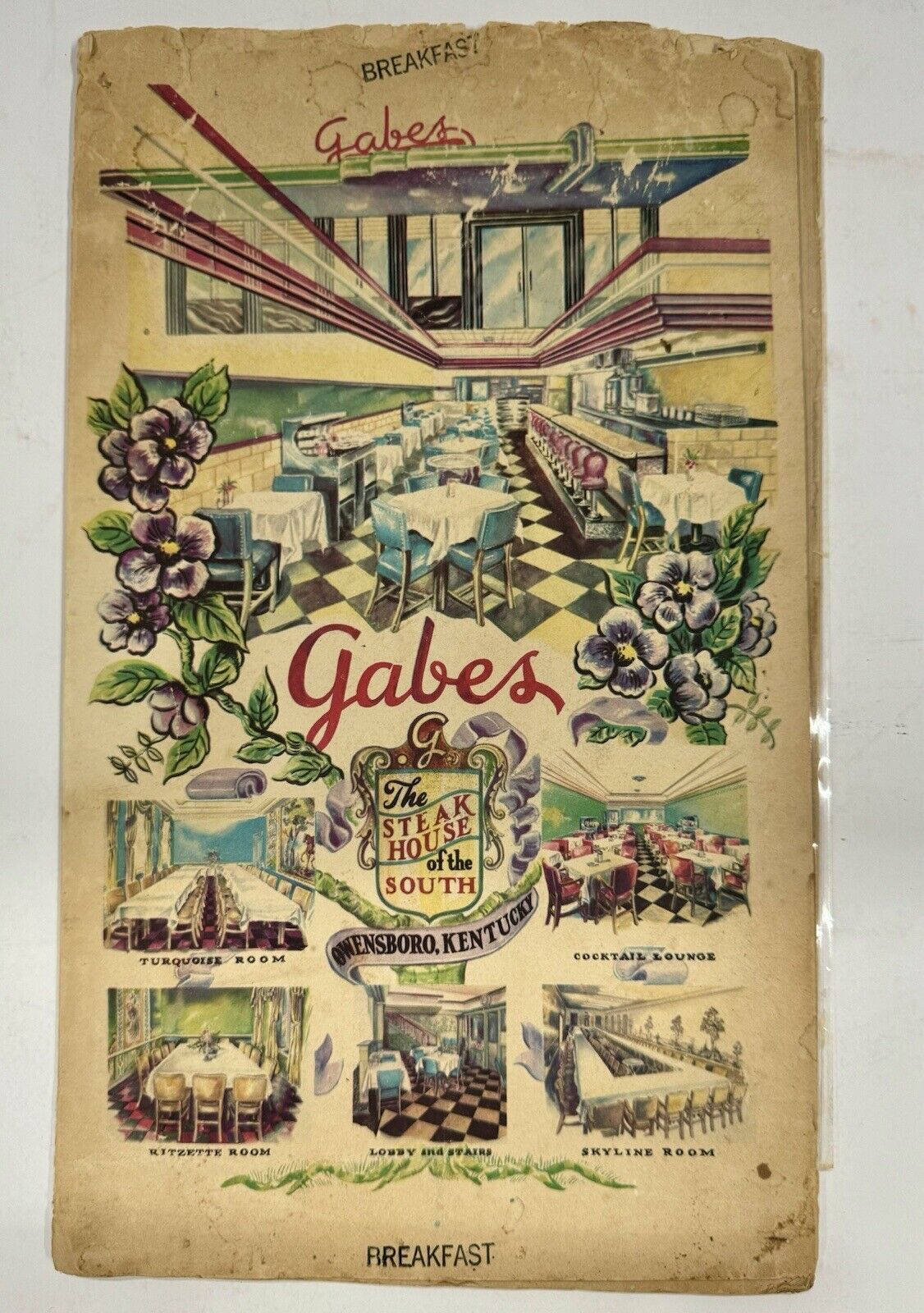 Vintage 40s GABE'S Restaurant Menu Owensboro Kentucky Illustrated ...