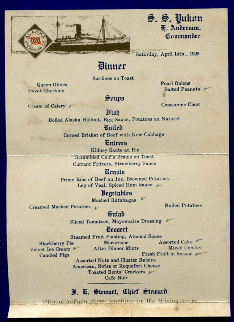 Alaska Steamship Co Line Dinner Menu S S Yukon April 1928 | Topics ...