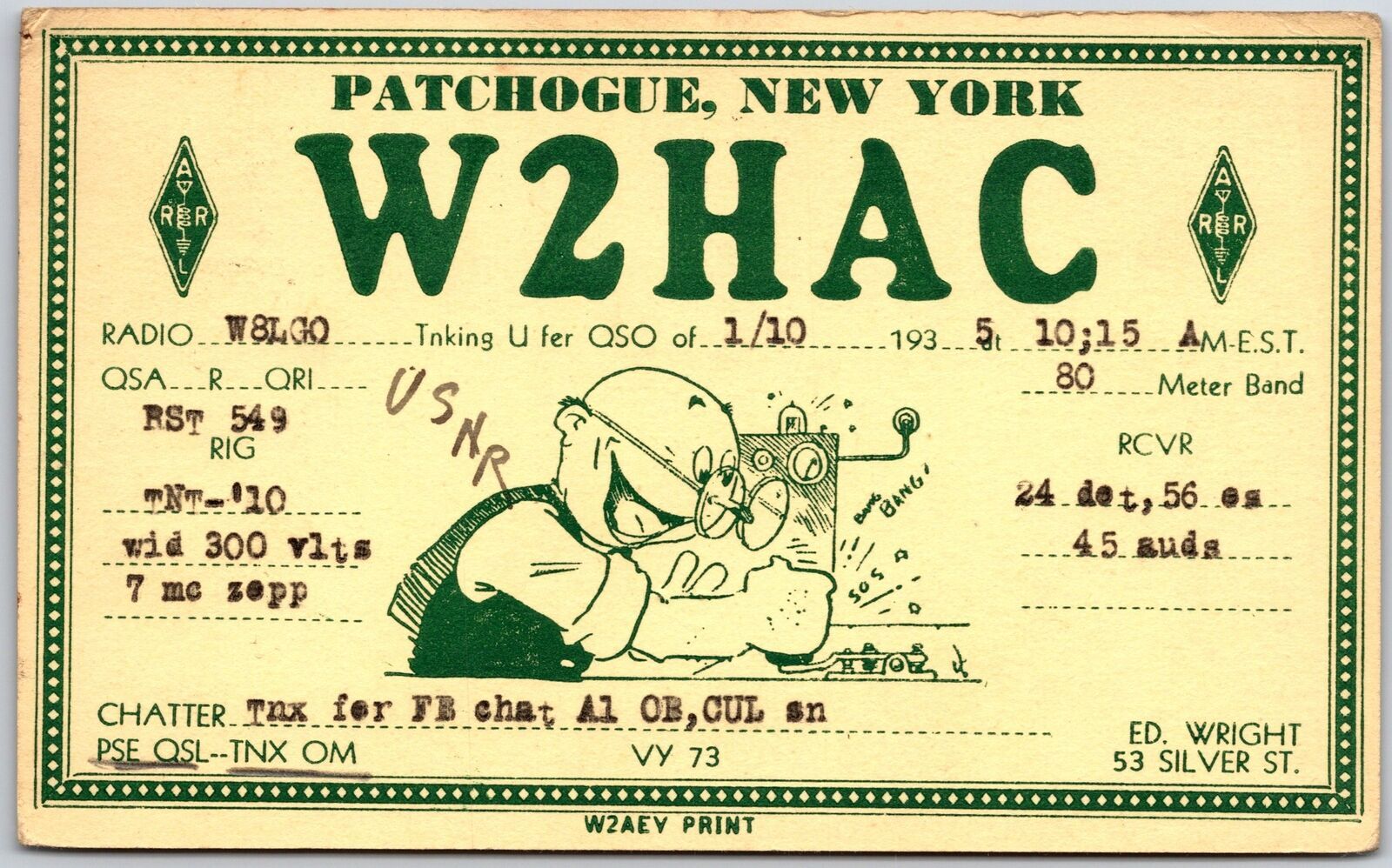1935 QSL Radio Card Code W2HAC Patchogue New York Amateur Radio Posted ...