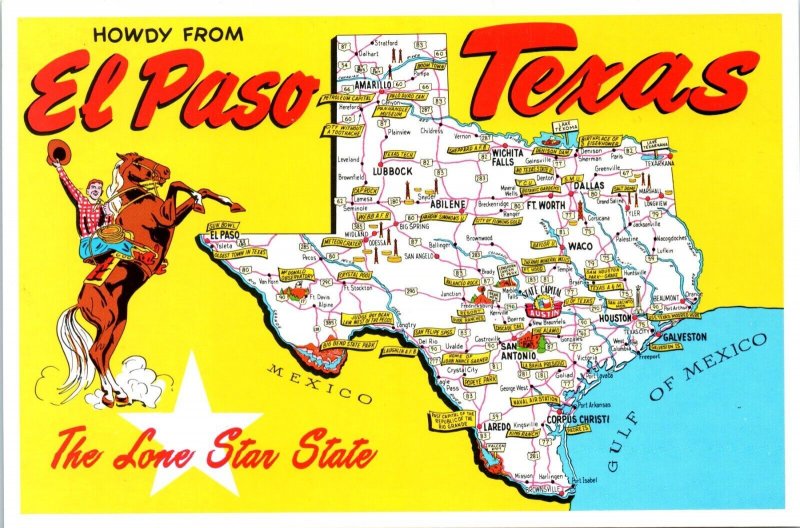 Vintage 1960s Postcard Howdy From El Paso, Texas The Lone Star State ...