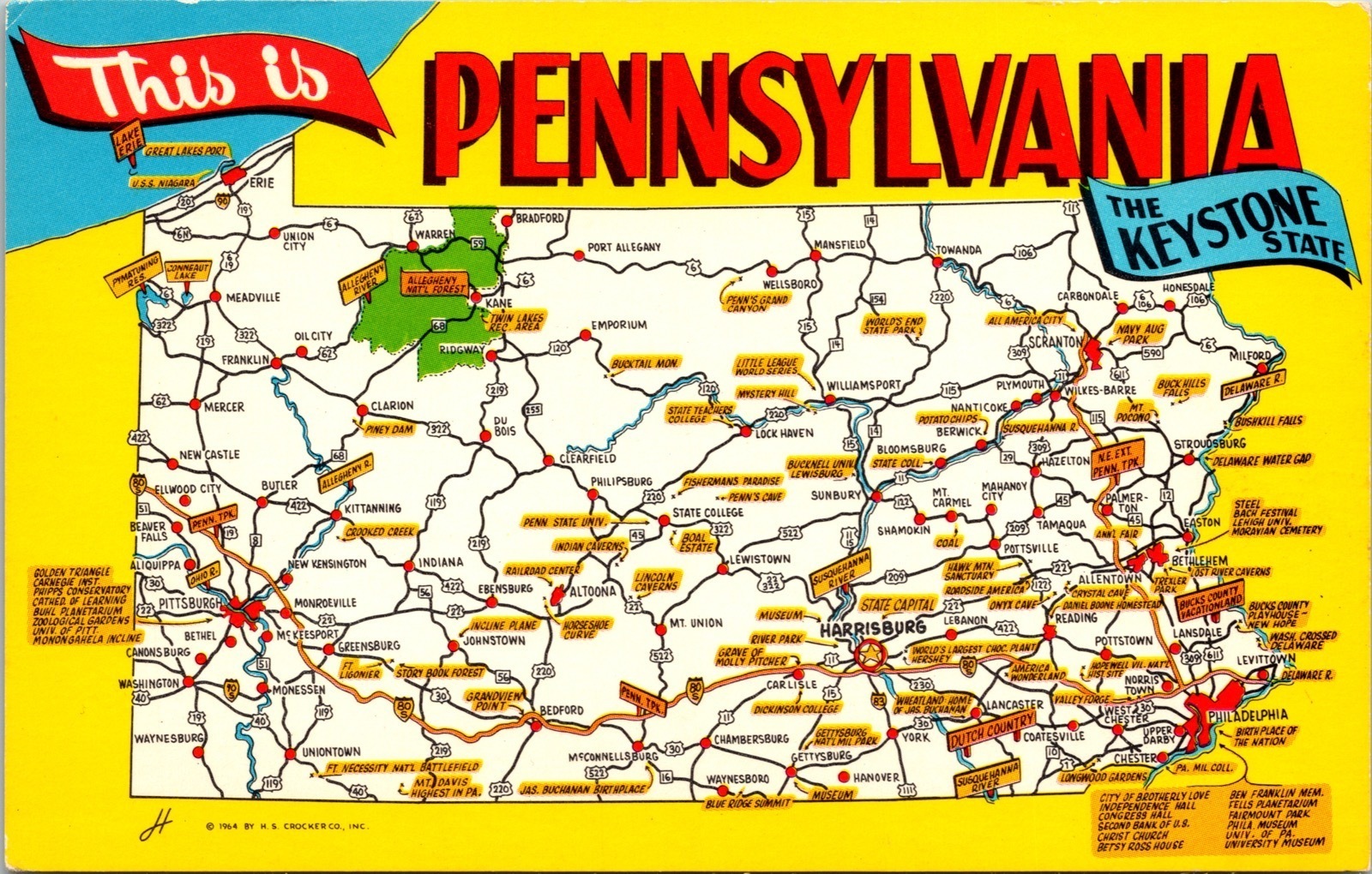 Pennsylvania Keystone State Map Cities Highways Capitol DB Postcard ...