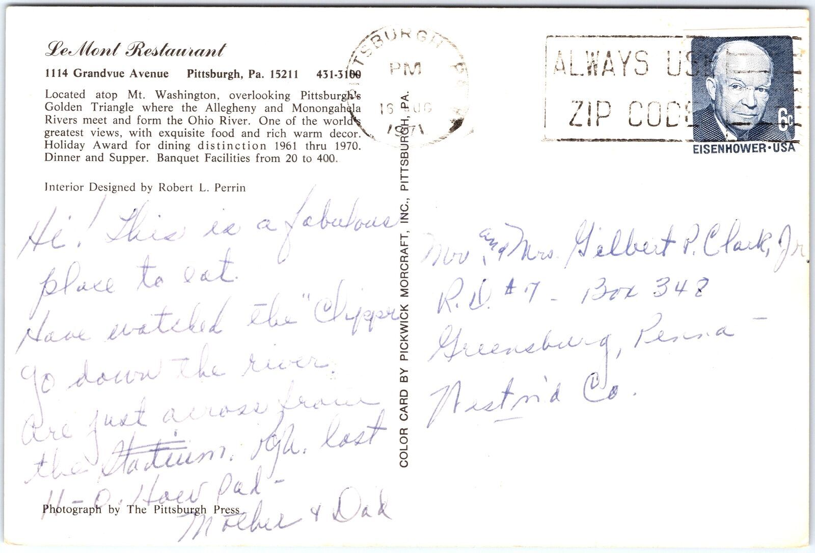 Vintage Postcard Continental Size the LE Mont Restaurant in Pittsburgh ...