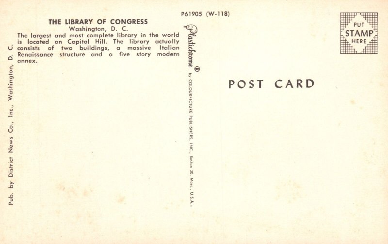 Vintage Postcard The Library Of Congress Largest Library Building ...