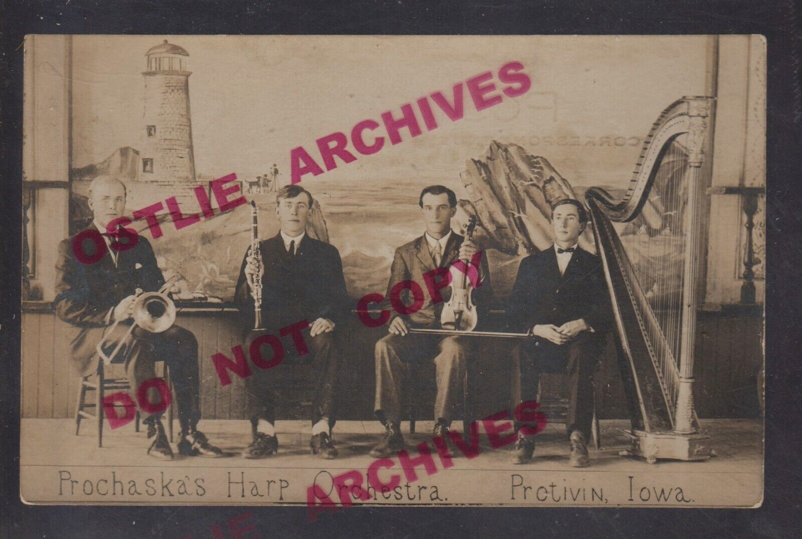 Protivin IOWA RPPC 1908 PROCHASKA HARP ORCHESTRA Studio Shot nr Decorah ...