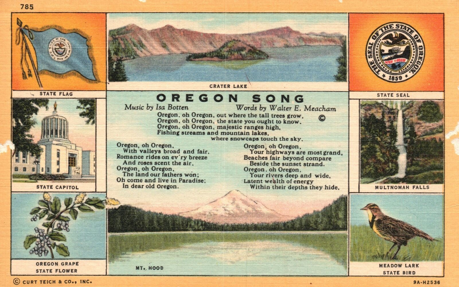 Vintage Postcard Flag Crater Lake Seal Capitol Falls Flower Bird ...