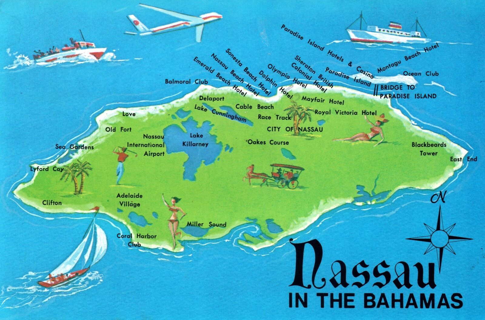 Vintage Continental Size Postcard Animated Pictorial MAP of Nassau the ...