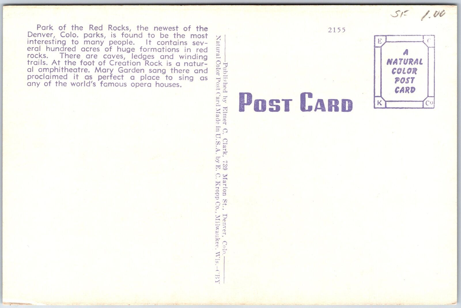 Vintage Postcard Amphitheatre at the Park of the RED Rocks Denver ...