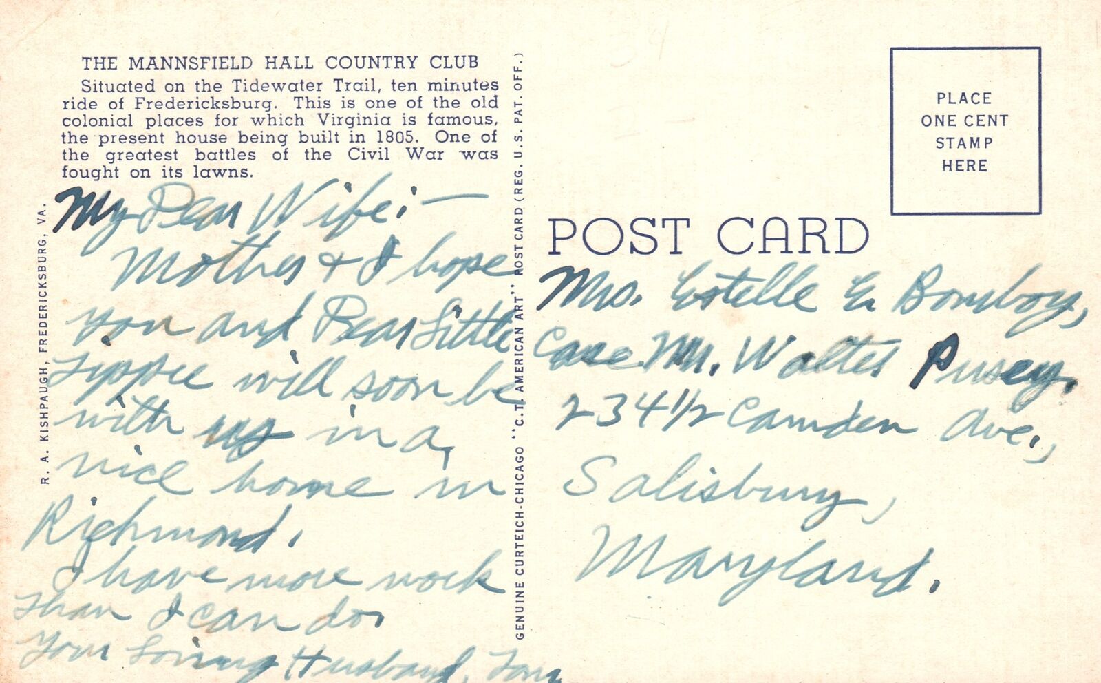 Vintage Postcard Mansfield Hall Country Club Colonial House ...