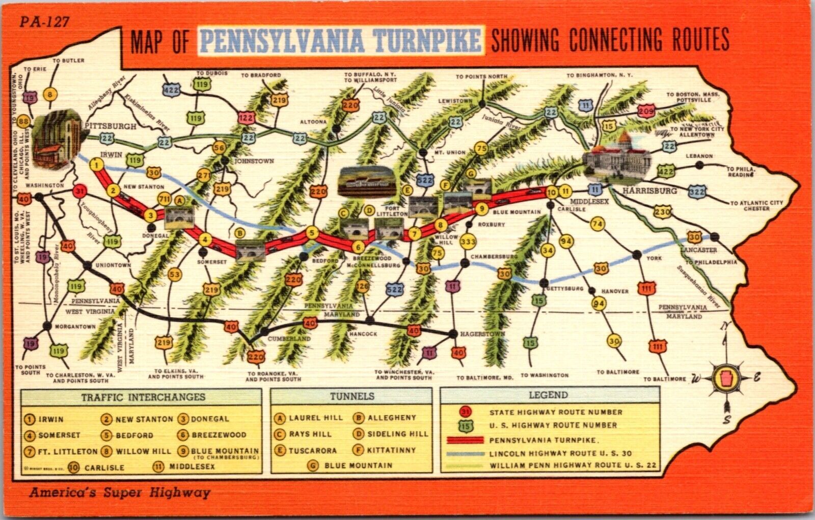 Linen PC Map of Pennsylvania Turnpike Showing Connecting Routes Super ...