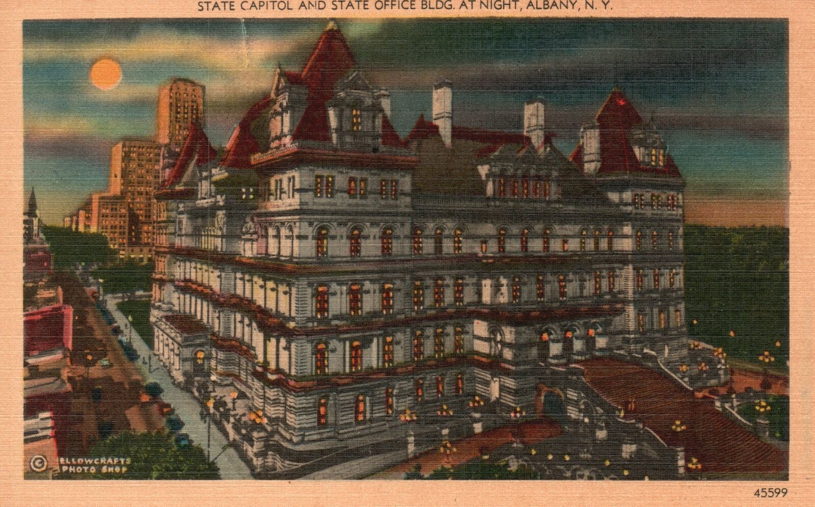 Vintage Postcard 1930's State Capitol Office Building At Night Albany ...