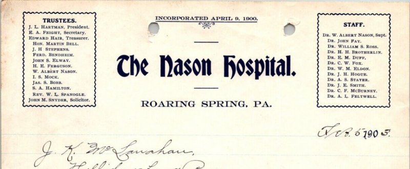 1903 the Nason Hospital to J K Mclanahan Bill for Nursing Roaring ...