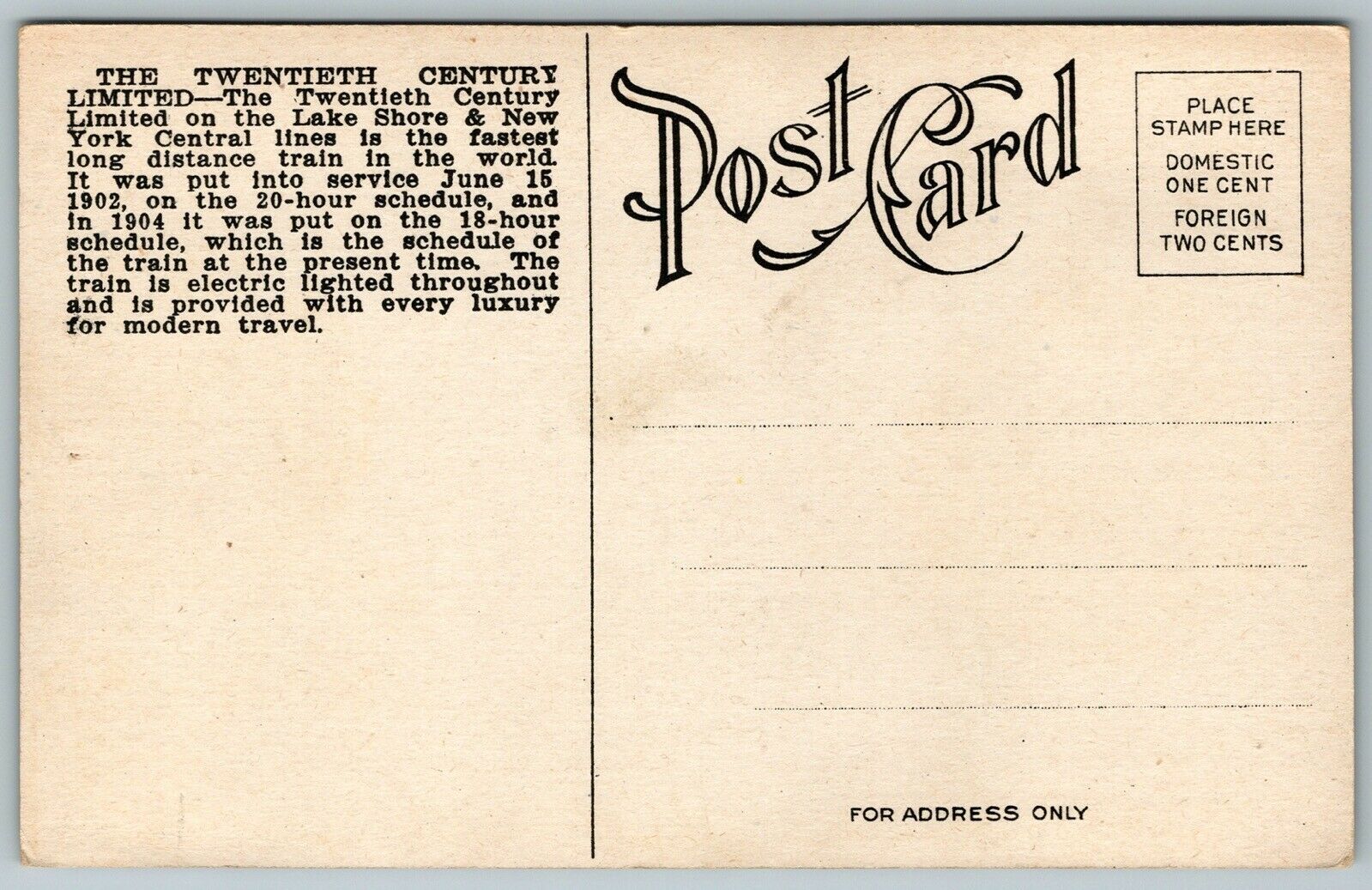 Postcard 20th Century Limited Leaving New York Lake Shore & NY Central ...