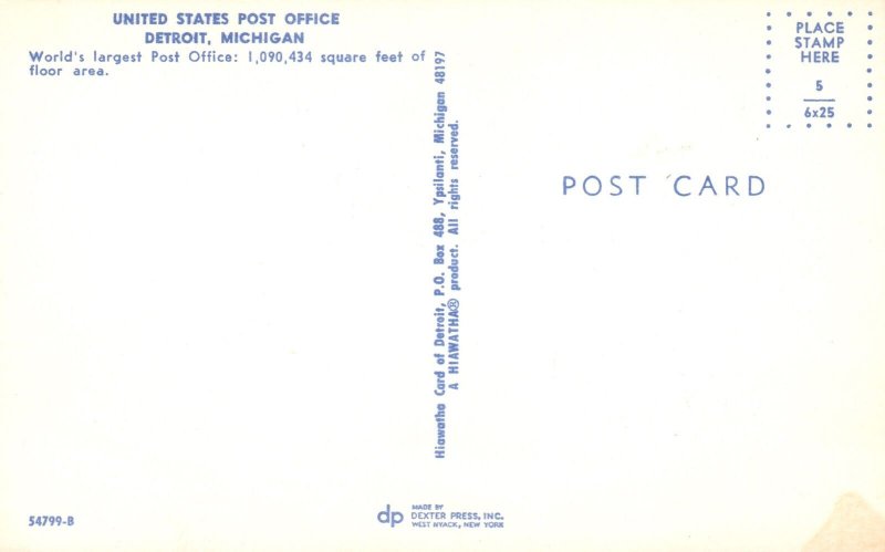 Vintage Postcard United States World's Largest Post Office Detroit ...
