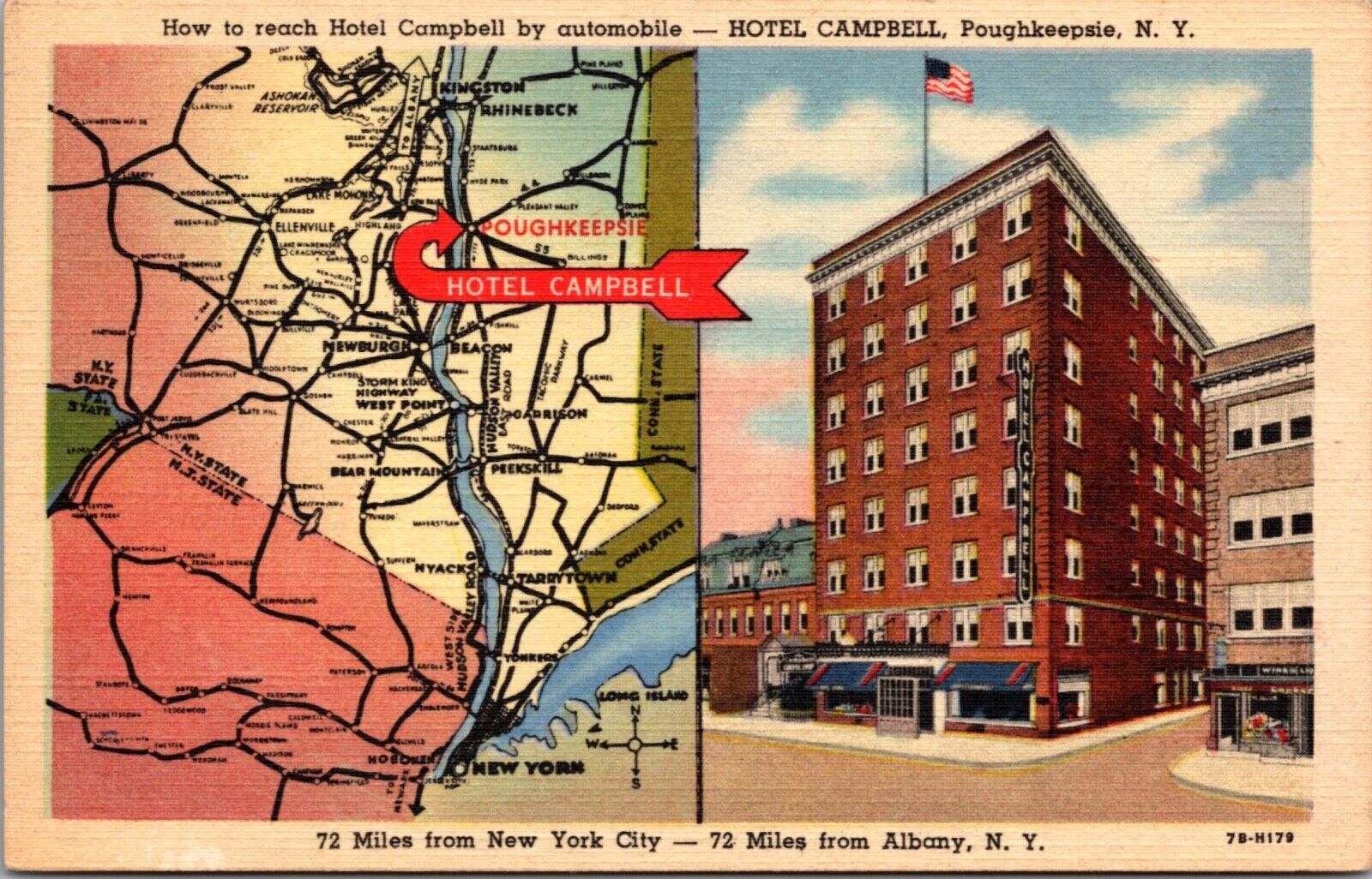 Linen Postcard Hotel Campbell and Map of Poughkeepsie, New York ...