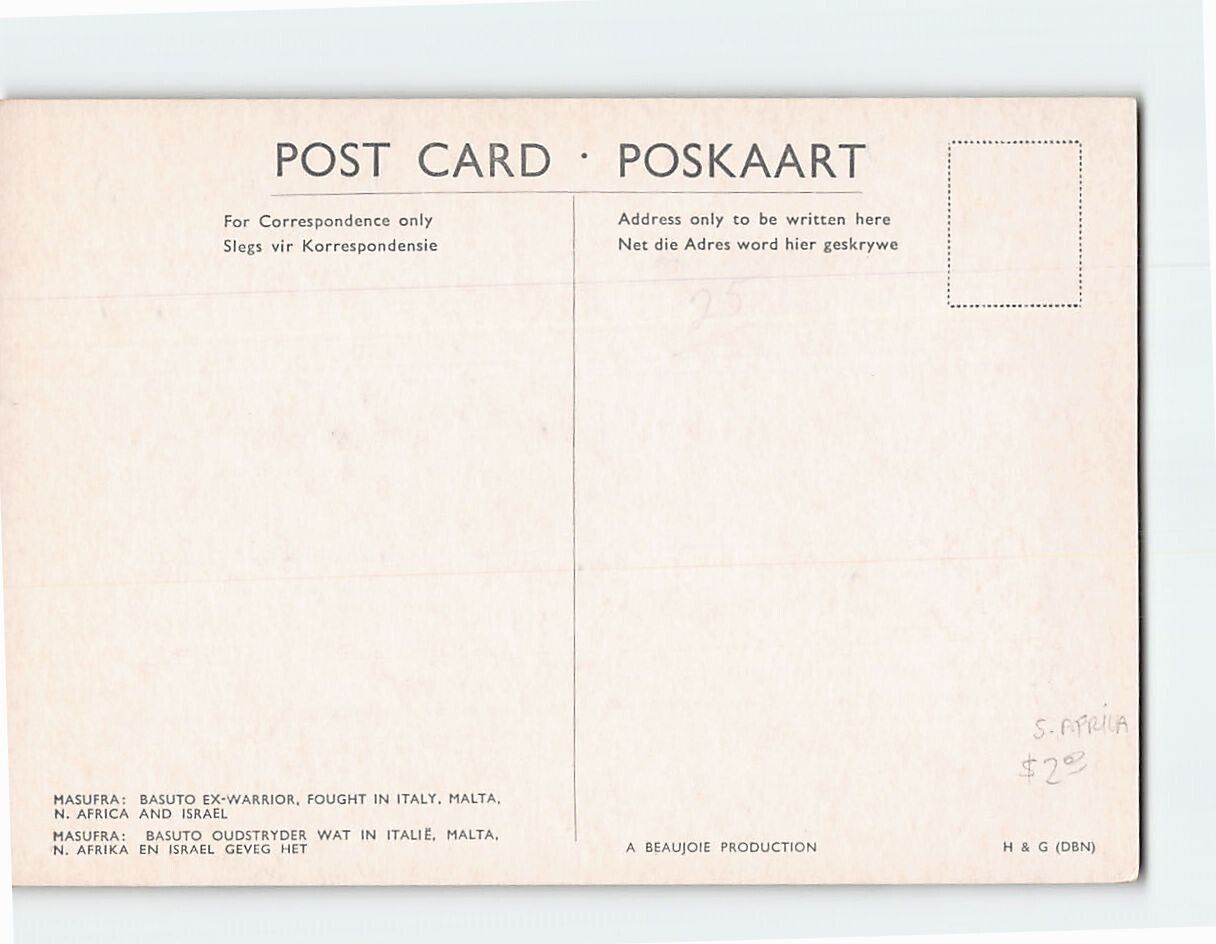 Postcard Masufra Basuto Ex-Warrior Fought in Italy Malta N. Africa ...