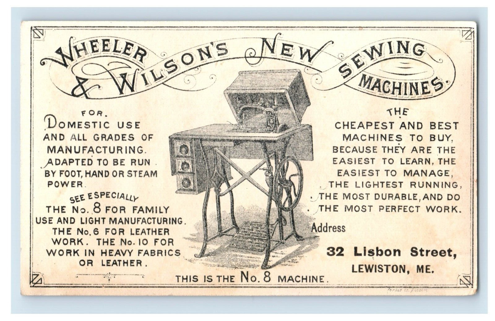 1870s-80s Wheeler & Wilson's No. 8 Sewing Machine Delivery Lewiston, ME ...