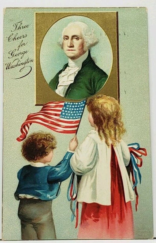 Patriotic Three Cheers for George Washington Children Wave Flag 1910 ...