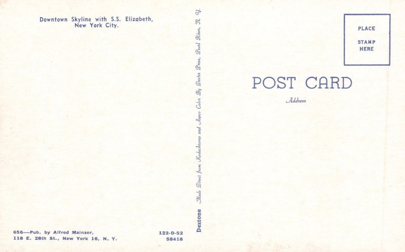 Vintage Postcard Downtown Skyline With S. S. Elizabeth Cargo New York ...