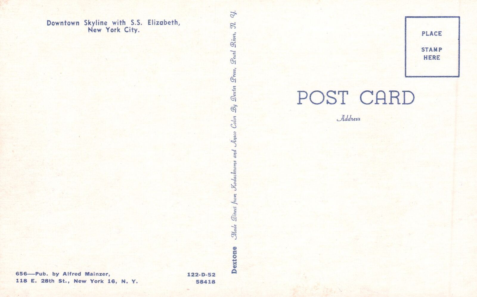 Vintage Postcard Downtown Skyline With S. S. Elizabeth Cargo New York ...