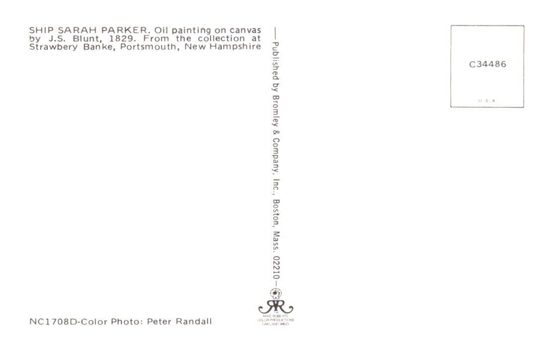 Ship Sarah Parker by JS Blunt 1829 Boat Postcard Replica of Canvas ...