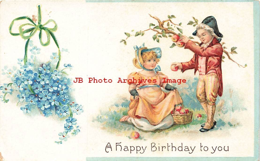 Birthday, IAP No 97 F, Boy & Girl Picking Apples, Forget Me Not Flowers ...