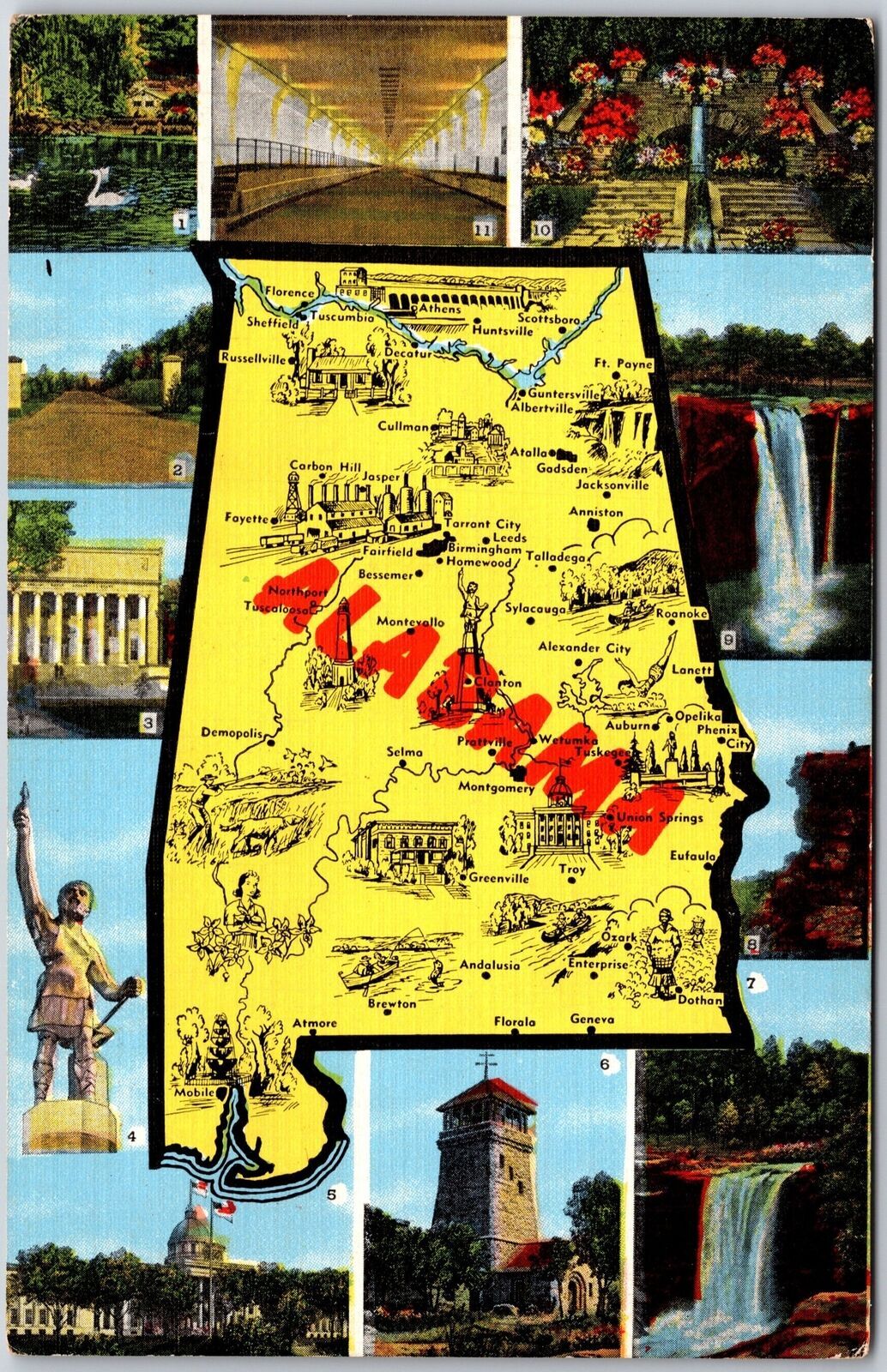 Alabama AL, Famous Places, Map, Lakes, River, Waterfalls, Vintage ...