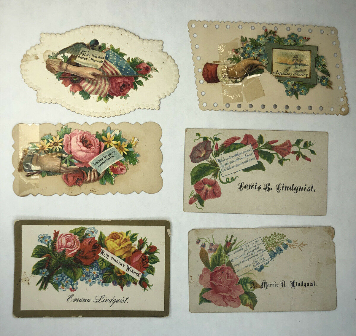 Victorian Die Cut Scrap Hidden Name LINDQUIST Calling Cards Happy Life ...